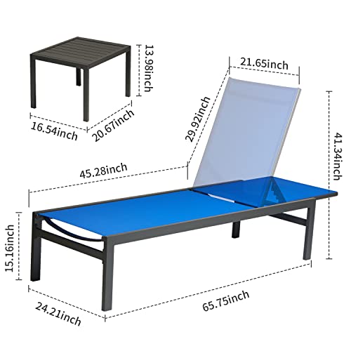 LYMJARD Patio Chaise Lounge 3 Pcs Aluminum Lounge Chair Sets Outdoor 5 Position Adjustable, All Weather for Pool Beach Patio Backyard Lawn and Garden,Side Table Included (Blue Textilene)