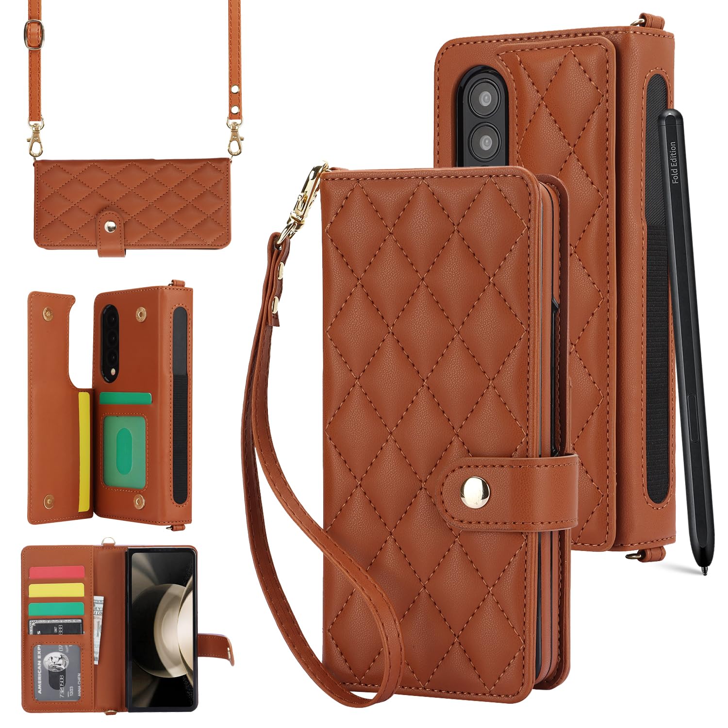 Compatible with Samsung Galaxy Z Fold 5 5G Wallet Case, Luxury Fashion PU Leather Case with S Pen Holder Card Holder Pocket Crossbody Lanyard Wrist Strap Kickstand, Phone Case for Women Girls Brown