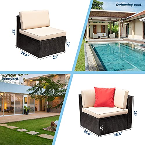 Flamaker 2 Pieces Patio Furniture Set Outdoor Loveseat All Weather PE Rattan Sofa Chair Set Corner Sofa Armless Sofa with Padded Soft Cushion (Beige)