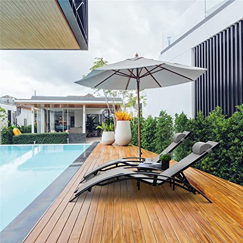LUKEO 3Pcs Sun Lounger Recliner Set Aluminum Chaise Lounges,Reclining Chair with 5 Adjustable Backrest, Head Cushion, Table for Garden