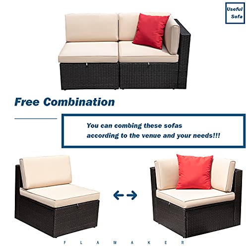 Flamaker 2 Pieces Patio Furniture Set Outdoor Loveseat All Weather PE Rattan Sofa Chair Set Corner Sofa Armless Sofa with Padded Soft Cushion (Beige)