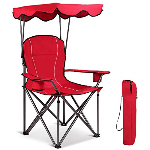 GYMAX Canopy Chair, Portable Folding Beach Pool Chair Lawn Chair with Canopy Two Cup Holders and Carry Bag, for Outdoor Beach Camp Park Patio (Red)