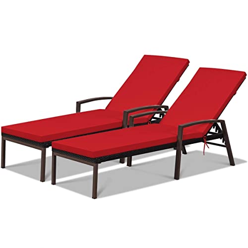 HAPPYGRILL 2PCS Patio Chaise Lounge Chair Outdoor Rattan Wicker Lounge Set Adjustable Backrest Poolside Chaise with Soft Cushions for Beach Pool Backyard Balcony