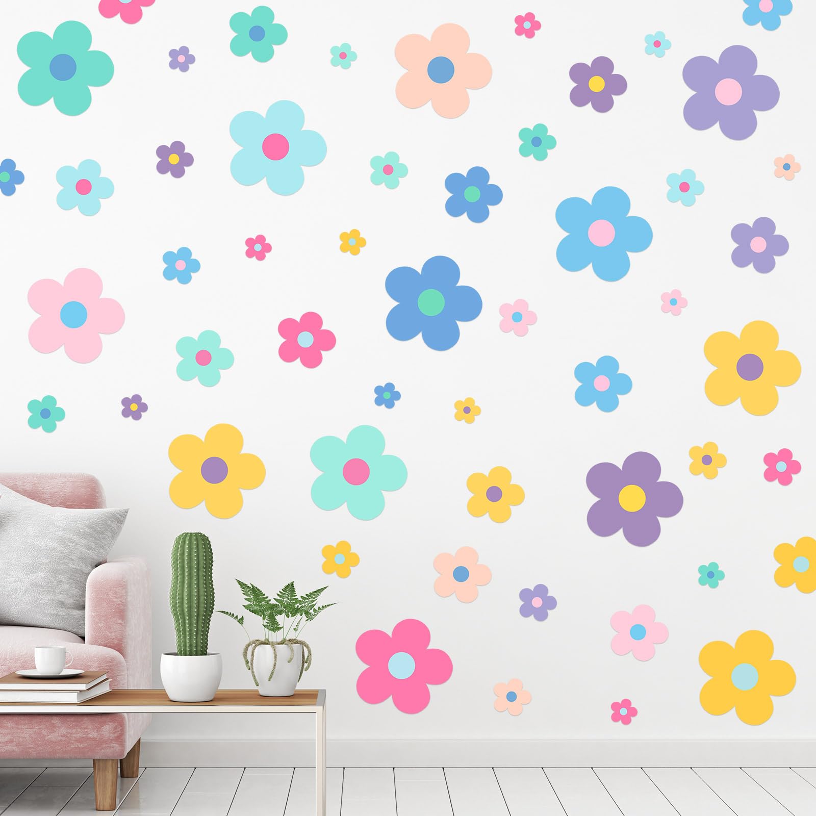TaoBary 288 Pcs Y2k Cute Flowers Wall Sticker Colorful Floral Wall Decal Vinyl Peel and Stick Preppy Hippie Stickers Aesthetic Flowers Decor for Nursery Bedroom(9.1 x 11.4 Inch,Elegant Colors)