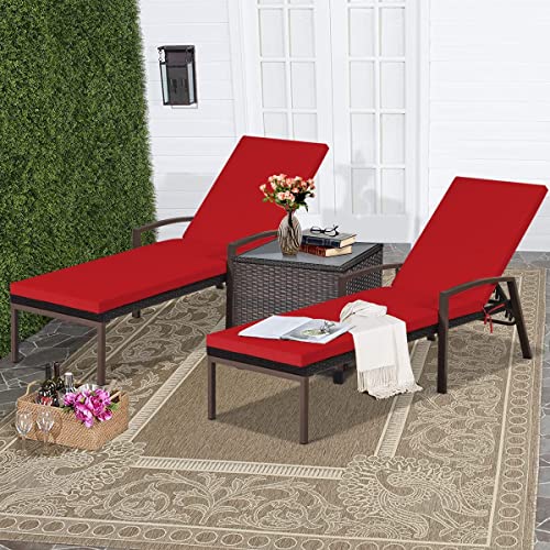 HAPPYGRILL 2PCS Patio Chaise Lounge Chair Outdoor Rattan Wicker Lounge Set Adjustable Backrest Poolside Chaise with Soft Cushions for Beach Pool Backyard Balcony
