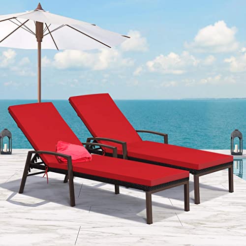 HAPPYGRILL 2PCS Patio Chaise Lounge Chair Outdoor Rattan Wicker Lounge Set Adjustable Backrest Poolside Chaise with Soft Cushions for Beach Pool Backyard Balcony