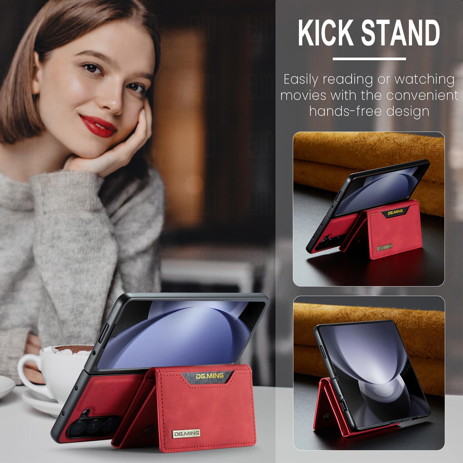ZORSOME for Samsung Galaxy Z Fold 5 Wallet Case, 2 in 1 Detachable Leather Wallet Case for Samsung Galaxy Z Fold 5,Magnetic Wallet Protective Case with Stand + Card Holder,Red