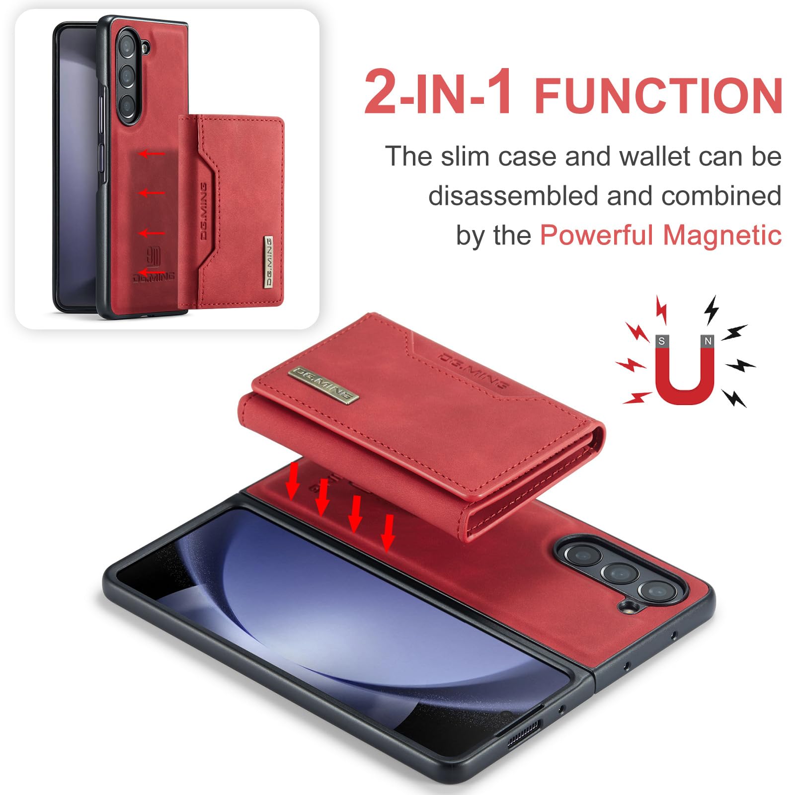 ZORSOME for Samsung Galaxy Z Fold 5 Wallet Case, 2 in 1 Detachable Leather Wallet Case for Samsung Galaxy Z Fold 5,Magnetic Wallet Protective Case with Stand + Card Holder,Red
