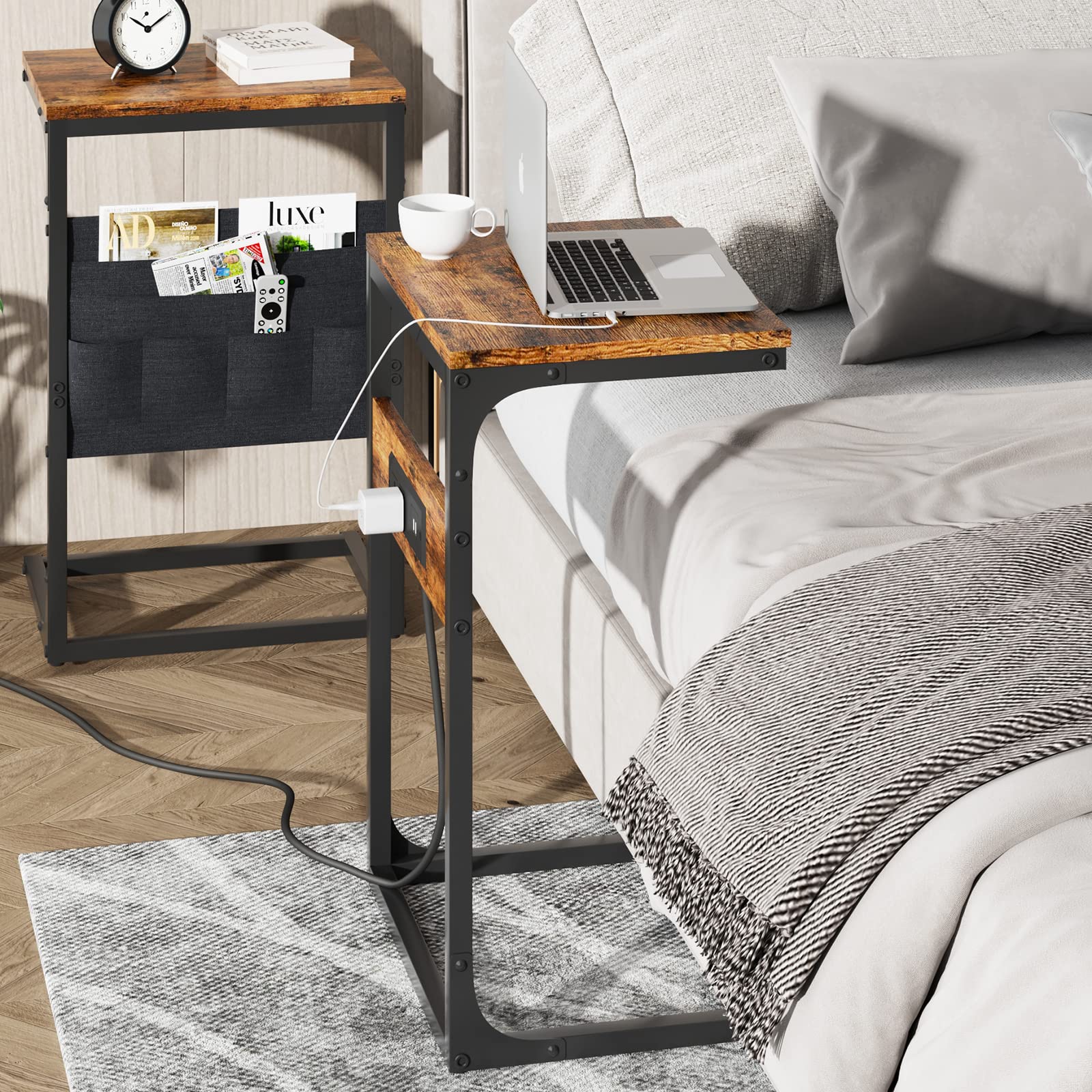 C Table End Table with Charging Station, Side Table with USB Ports and Outlets for Small Spaces, Nightstand with Metal Frame for Living Room, Bedroom, Office, Rustic Brown and Black HCT002