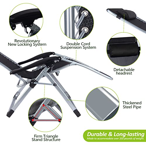 Polar Aurora Zero Gravity Chair, Outdoor Adjustable Padded Lounge Chairs with Detachable Cushion, Removable Headrest and Cup Holder, Premium Durable Folding Portable Recliner Supports Over 330 LBS