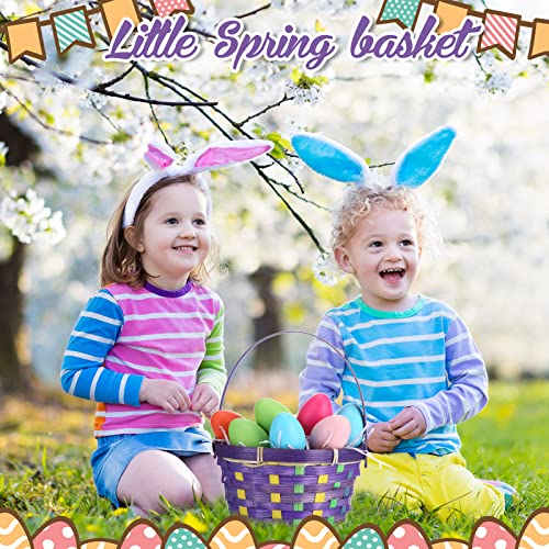 6 Pcs Easter Bamboo Basket with 24 Pcs Plastic Eggs and 480g Raffia Paper Grass, Handmade Woven Easter Basket with Handle for Egg Hunting, Picnic and Party Favors