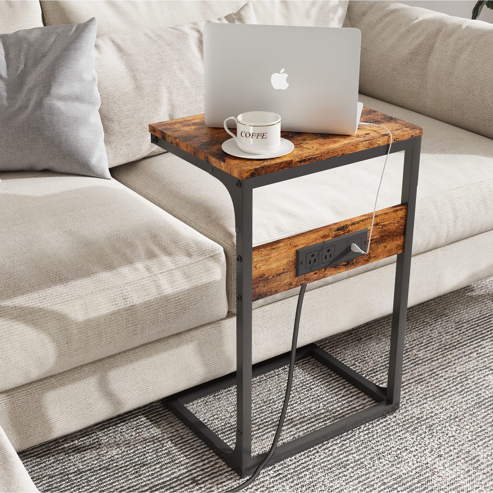 C Table End Table with Charging Station, Side Table with USB Ports and Outlets for Small Spaces, Nightstand with Metal Frame for Living Room, Bedroom, Office, Rustic Brown and Black HCT002