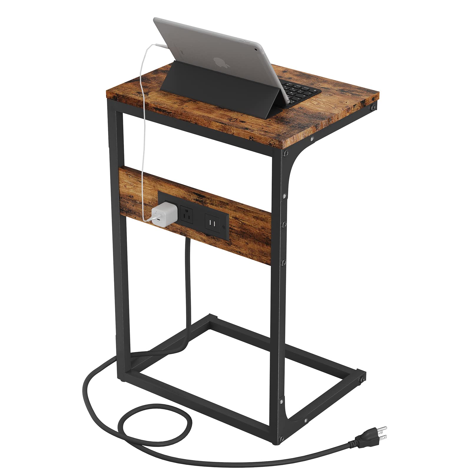 C Table End Table with Charging Station, Side Table with USB Ports and Outlets for Small Spaces, Nightstand with Metal Frame for Living Room, Bedroom, Office, Rustic Brown and Black HCT002