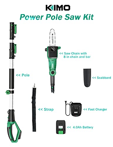 Pole Saws for Tree Trimming, KIMO 13-Foot Max. Reach Telescoping Cordless Electric Pole Saw, 20V Battery Powered Pole Chainsaw w/ 8-Inch Cutting Bar, 18ft/s Speed, Automatic Chain Lubrication System