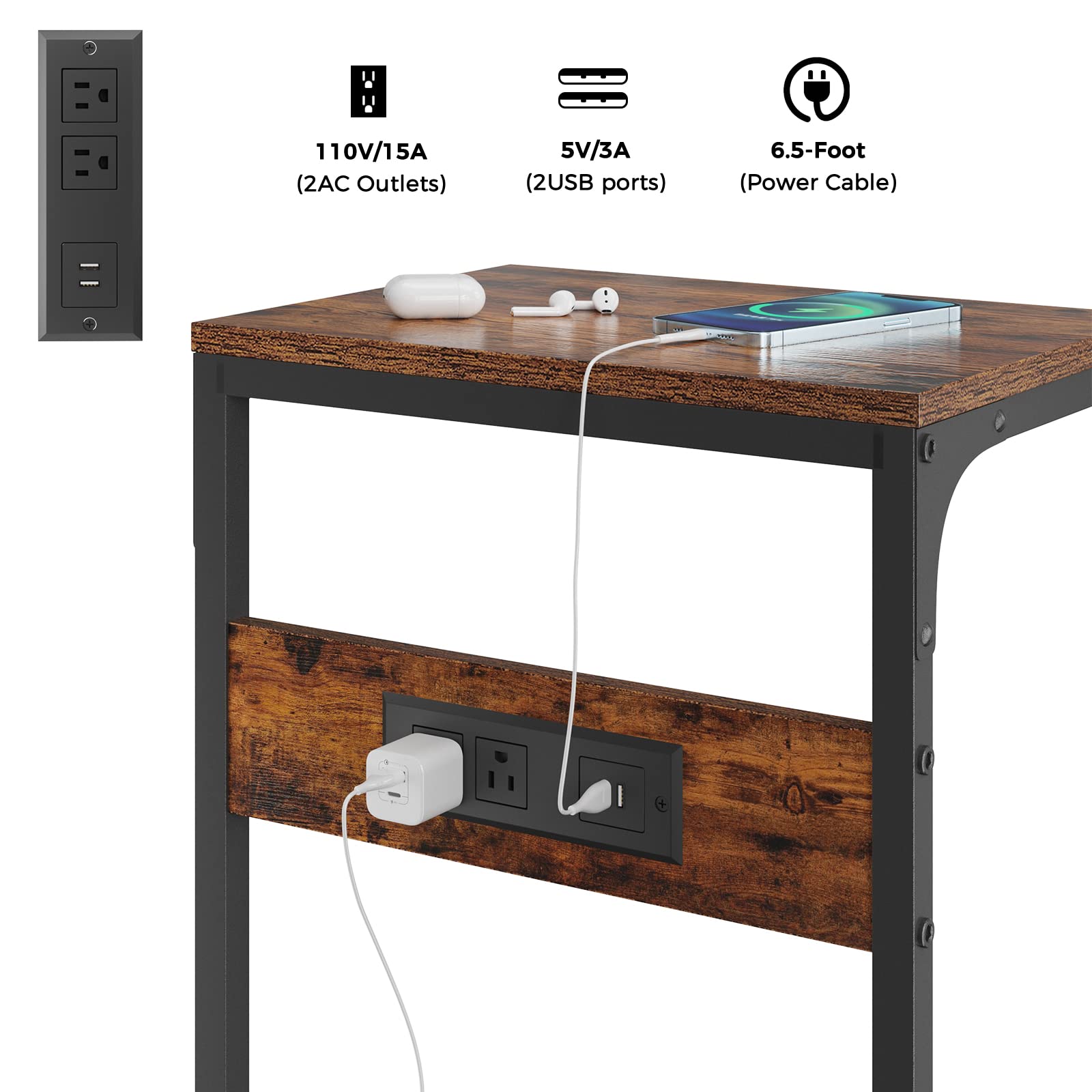 C Table End Table with Charging Station, Side Table with USB Ports and Outlets for Small Spaces, Nightstand with Metal Frame for Living Room, Bedroom, Office, Rustic Brown and Black HCT002