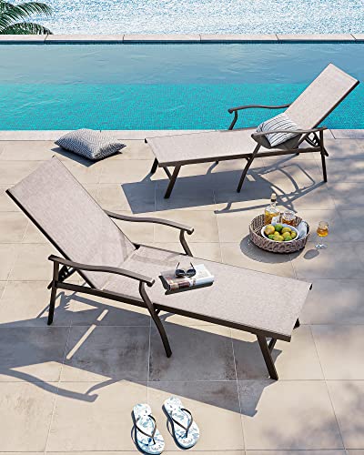 Crestlive Products Aluminum Adjustable Chaise Lounge Chair Five-Position and Full Flat Outdoor Recliner All Weather for Patio, Beach, Yard, Pool (2PCS Beige)