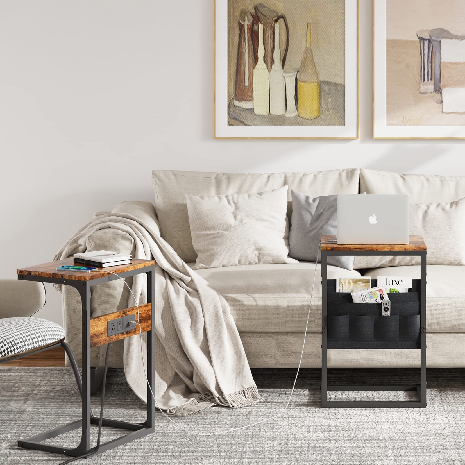 C Table End Table with Charging Station, Side Table with USB Ports and Outlets for Small Spaces, Nightstand with Metal Frame for Living Room, Bedroom, Office, Rustic Brown and Black HCT002