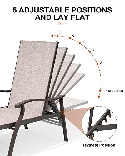 Crestlive Products Aluminum Adjustable Chaise Lounge Chair Five-Position and Full Flat Outdoor Recliner All Weather for Patio, Beach, Yard, Pool (2PCS Beige)