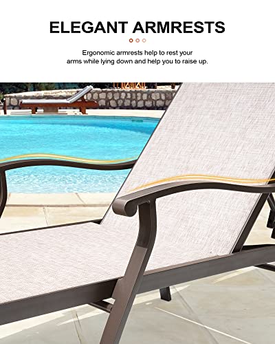 Crestlive Products Aluminum Adjustable Chaise Lounge Chair Five-Position and Full Flat Outdoor Recliner All Weather for Patio, Beach, Yard, Pool (2PCS Beige)