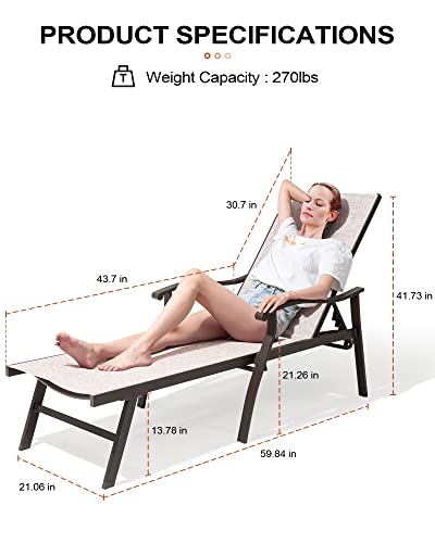 Crestlive Products Aluminum Adjustable Chaise Lounge Chair Five-Position and Full Flat Outdoor Recliner All Weather for Patio, Beach, Yard, Pool (2PCS Beige)