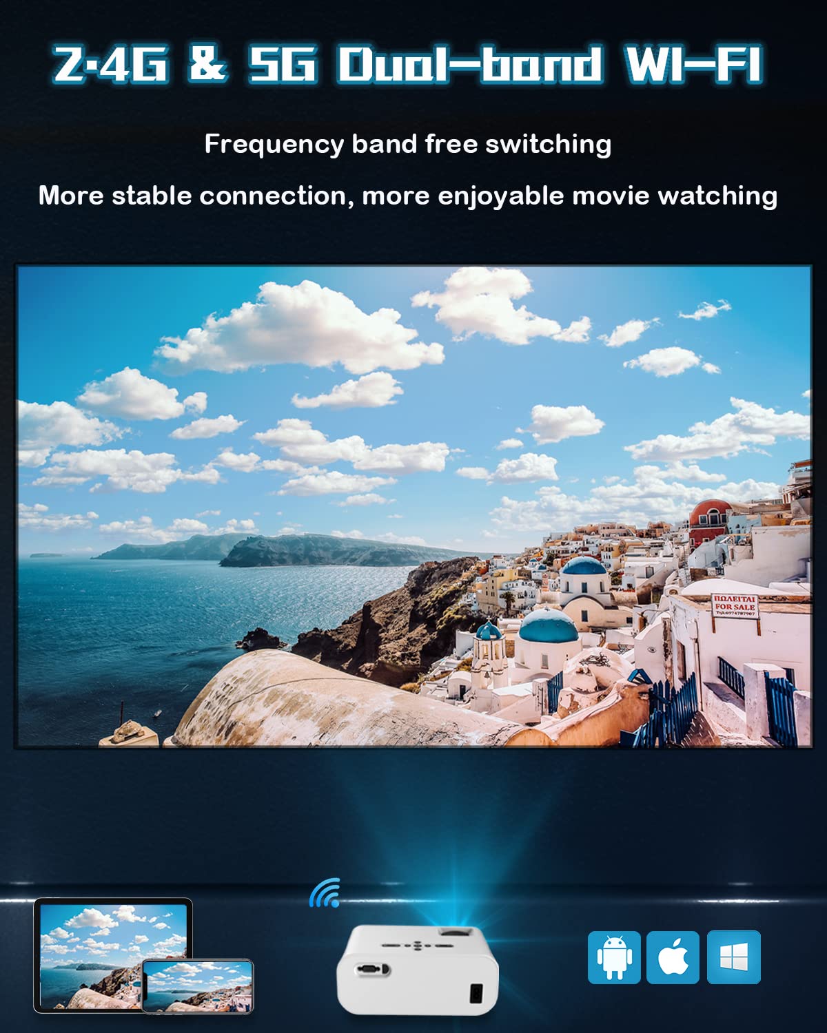 NIKISHAP Projector with WiFi and Bluetooth, Small Projector 4K Outdoor Movie Projector Short Throw, Smart Phone 1080P Projector Compatible with HDMI, VGA, USB, TV Stick, iOS, Android, PC, Laptop