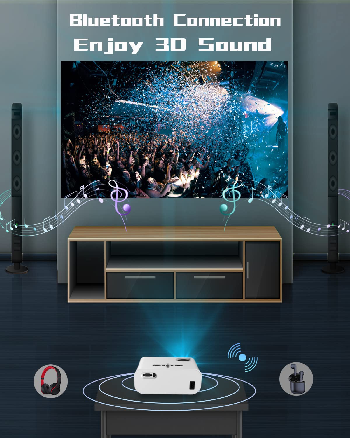 NIKISHAP Projector with WiFi and Bluetooth, Small Projector 4K Outdoor Movie Projector Short Throw, Smart Phone 1080P Projector Compatible with HDMI, VGA, USB, TV Stick, iOS, Android, PC, Laptop
