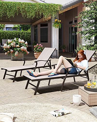 Crestlive Products Aluminum Adjustable Chaise Lounge Chair Five-Position and Full Flat Outdoor Recliner All Weather for Patio, Beach, Yard, Pool (2PCS Beige)