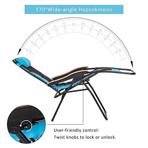 VOYSIGN Oversized Reclining Patio Chair, XL Padded Adjustable Zero Gravity Lounge Chair w/Pillows and Cup Holder Trays, Support 350 lbs - Sky Blue