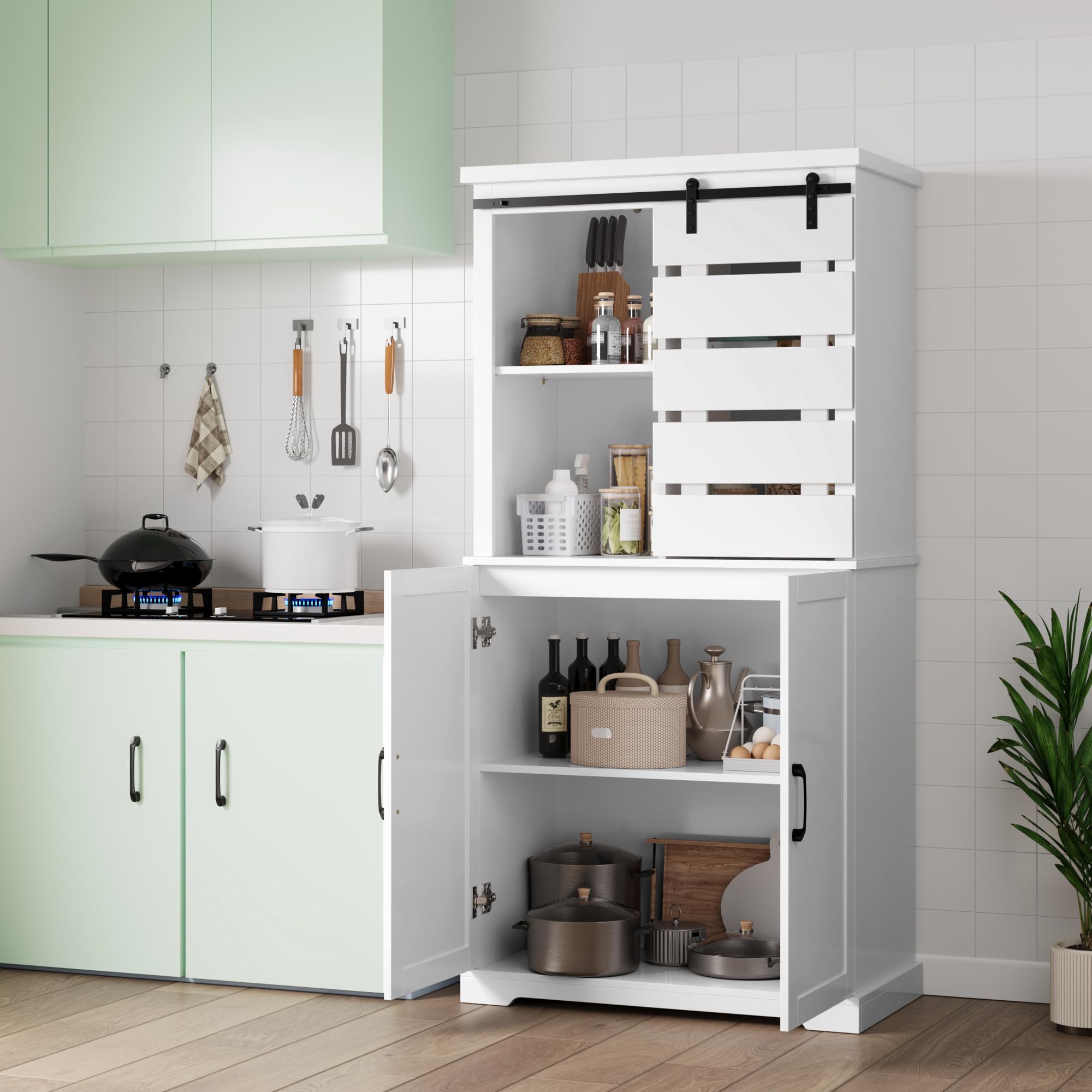 BOTLOG Tall Kitchen Pantry, Large Wood Storage Cabinet with Sliding Barn Door and Adjustable Shelves, Tall Freestanding Cupboard for Dining Room, Living Room, Laundry, White