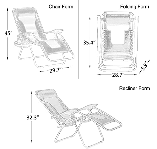 VOYSIGN Oversized Reclining Patio Chair, XL Padded Adjustable Zero Gravity Lounge Chair w/Pillows and Cup Holder Trays, Support 350 lbs - Sky Blue