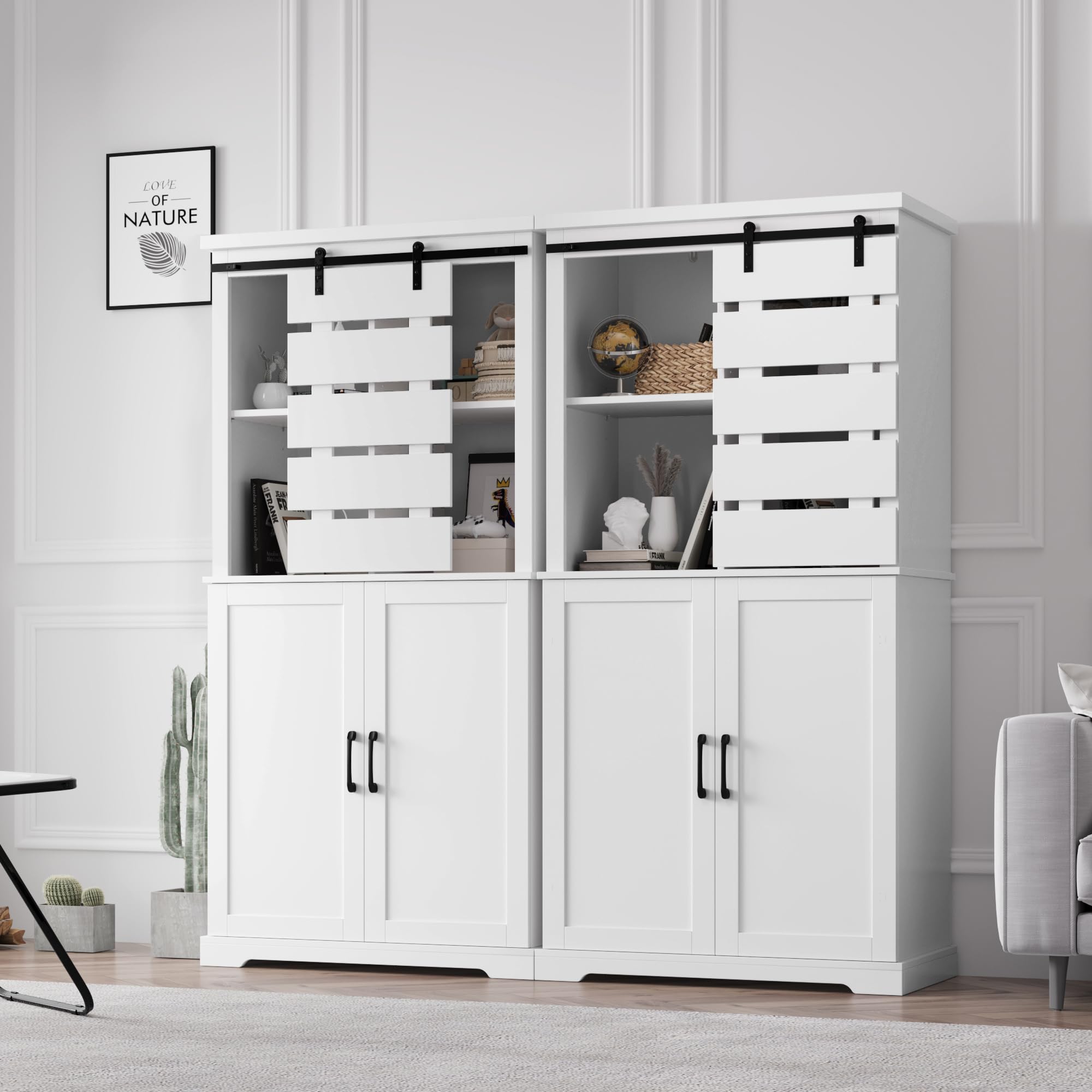 BOTLOG Tall Kitchen Pantry, Large Wood Storage Cabinet with Sliding Barn Door and Adjustable Shelves, Tall Freestanding Cupboard for Dining Room, Living Room, Laundry, White