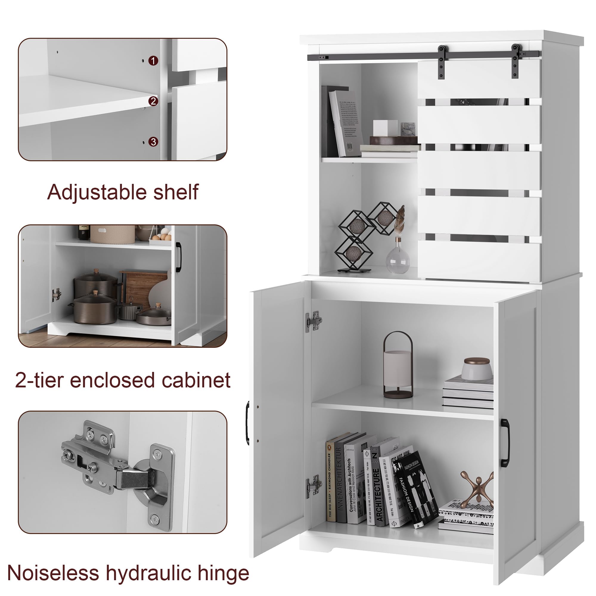BOTLOG Tall Kitchen Pantry, Large Wood Storage Cabinet with Sliding Barn Door and Adjustable Shelves, Tall Freestanding Cupboard for Dining Room, Living Room, Laundry, White