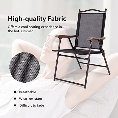 BestComfort Patio Folding Chairs Set of 2, Portable Sling Chairs with Armrest Metal Frame, Indoor Outdoor Lawn Chairs, Folding Chairs for Yard Garden Poolside Beach Camping, No Assembly, Black