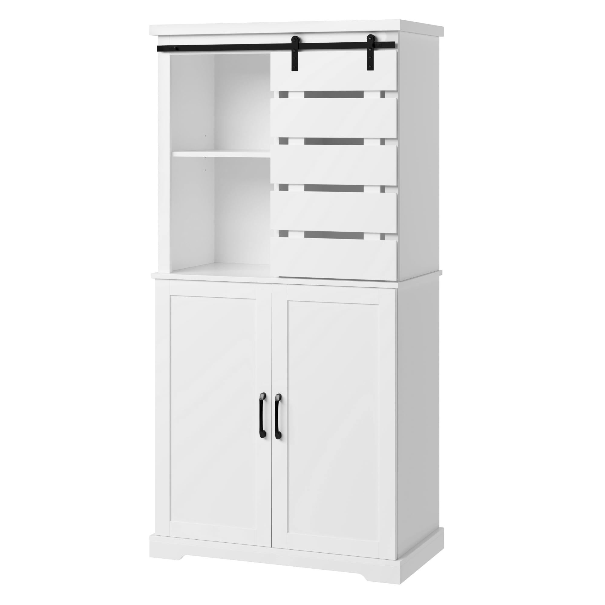 BOTLOG Tall Kitchen Pantry, Large Wood Storage Cabinet with Sliding Barn Door and Adjustable Shelves, Tall Freestanding Cupboard for Dining Room, Living Room, Laundry, White