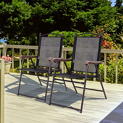 BestComfort Patio Folding Chairs Set of 2, Portable Sling Chairs with Armrest Metal Frame, Indoor Outdoor Lawn Chairs, Folding Chairs for Yard Garden Poolside Beach Camping, No Assembly, Black