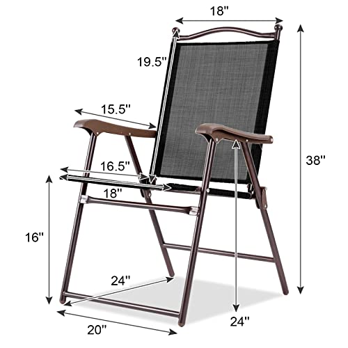BestComfort Patio Folding Chairs Set of 2, Portable Sling Chairs with Armrest Metal Frame, Indoor Outdoor Lawn Chairs, Folding Chairs for Yard Garden Poolside Beach Camping, No Assembly, Black
