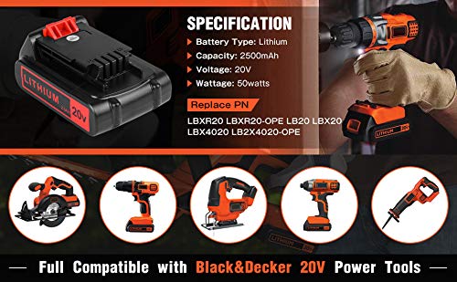 KINGTIANLE 2packs Replace Battery for Black and Decker 20v Max 2500mAh,LBXR20 Replacement Battery LB20 LBX20 LBX4020 Extended Run Time Cordless Power Tools Series