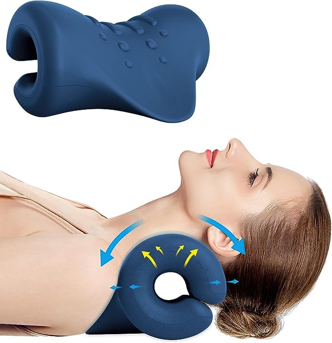 Neck and Shoulder Relaxer - Neck Stretcher Cervical Spine Traction Device to Relieve Neck and Shoulder Fatigue and Pain, Chiropractic Pillow for Relief TMJ Pain Headache Muscle Relax Spine (Dark Blue)