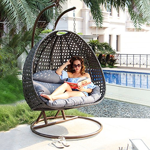 Island Galeยฎ Luxury 2 Person Outdoor, Patio, Hanging Wicker Swing Chair ๐๐๐๐๐๐๐๐๐๐๐๐ ((2 Person) X-Large-Plus, Charcoal Rattan/Charcoal Cushion with Free Cover $128 Value)