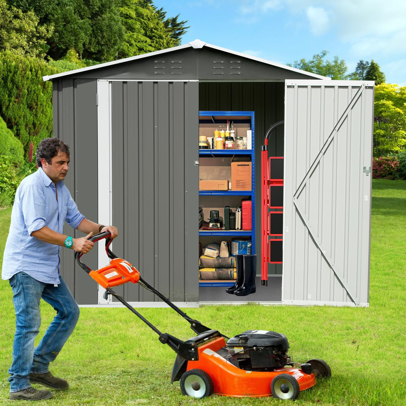 Metal Outdoor Storage Shed 6×4 FT with Double Lockable Doors, Heavy Duty Galvanized Large Garden Shed with Air Vent, Tool Sheds Storage House for Backyard Garden Patio Lawn-Dark Gray