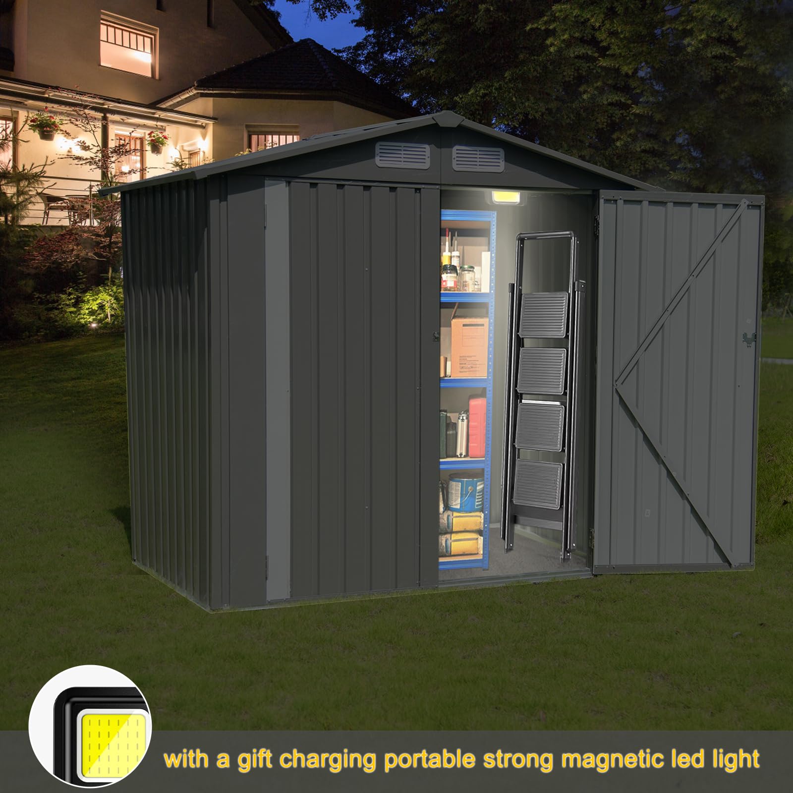Metal Outdoor Storage Shed 6×4 FT with Double Lockable Doors, Heavy Duty Galvanized Large Garden Shed with Air Vent, Tool Sheds Storage House for Backyard Garden Patio Lawn-Dark Gray