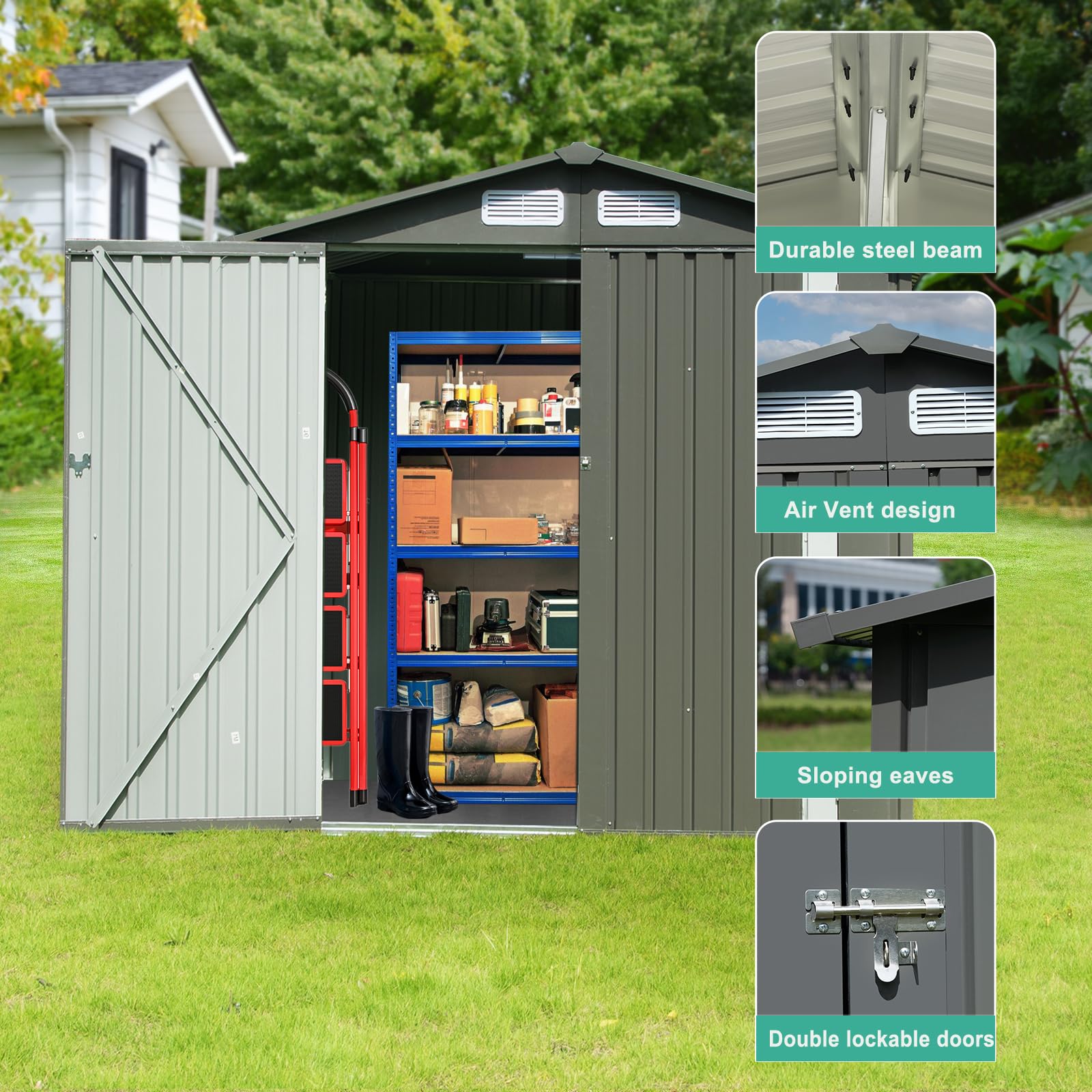 Metal Outdoor Storage Shed 6×4 FT with Double Lockable Doors, Heavy Duty Galvanized Large Garden Shed with Air Vent, Tool Sheds Storage House for Backyard Garden Patio Lawn-Dark Gray