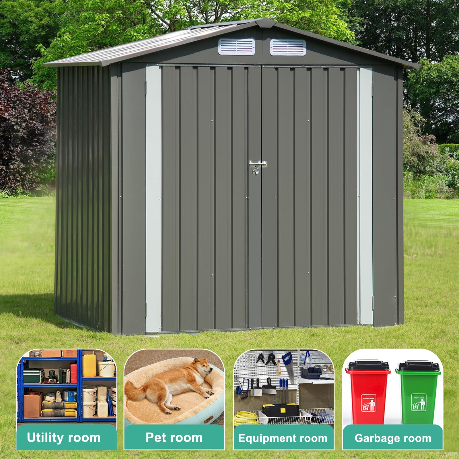 Metal Outdoor Storage Shed 6×4 FT with Double Lockable Doors, Heavy Duty Galvanized Large Garden Shed with Air Vent, Tool Sheds Storage House for Backyard Garden Patio Lawn-Dark Gray