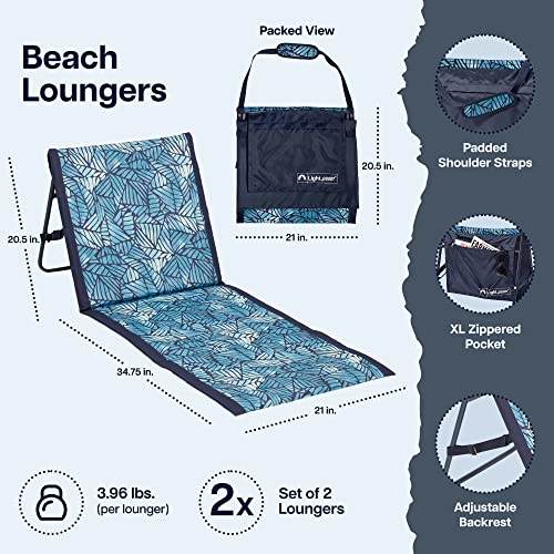 Lightspeed Outdoors Beach Loungers | Durable Beach Lounge Chair with Folding Design | Fully Padded and Lightweight Portable Beach Chair | Adjustable Back Rest | 2 Pack | Deep Navy Ombre
