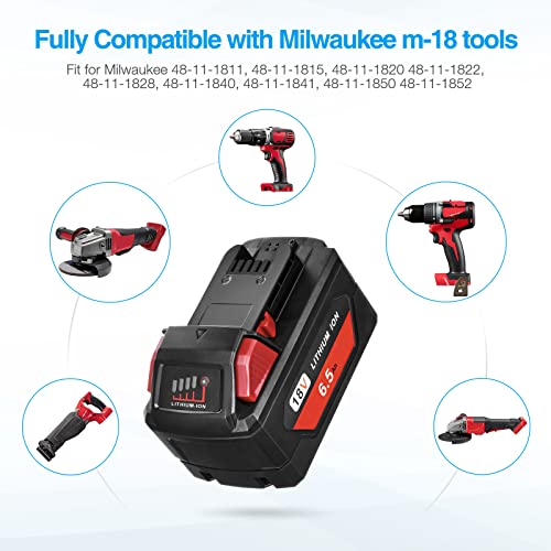 Powerextra M-18 6.5AH Lithium Battery Replace for Milwaukee Battery 18V, Compatible with M-18 Battery 48-11-1850/48-11-1852/48-11-1840/48-11-1828/48-11-1820, M18 Lithium XC Battery (2 Pack)