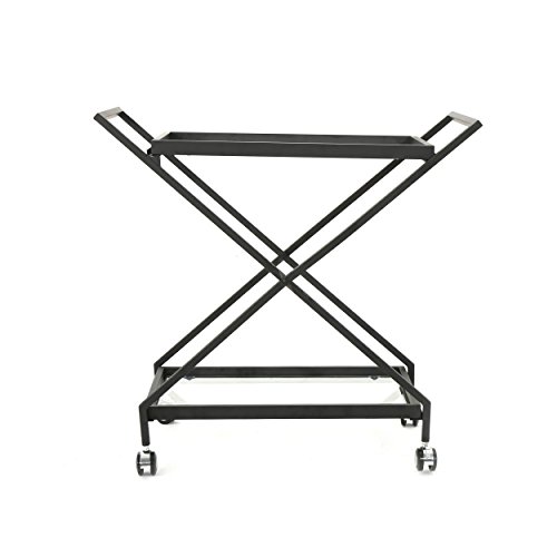 Christopher Knight Home Annika Outdoor Bar Cart with Tempered Glass Shelves, Black Powder Coated Iron
