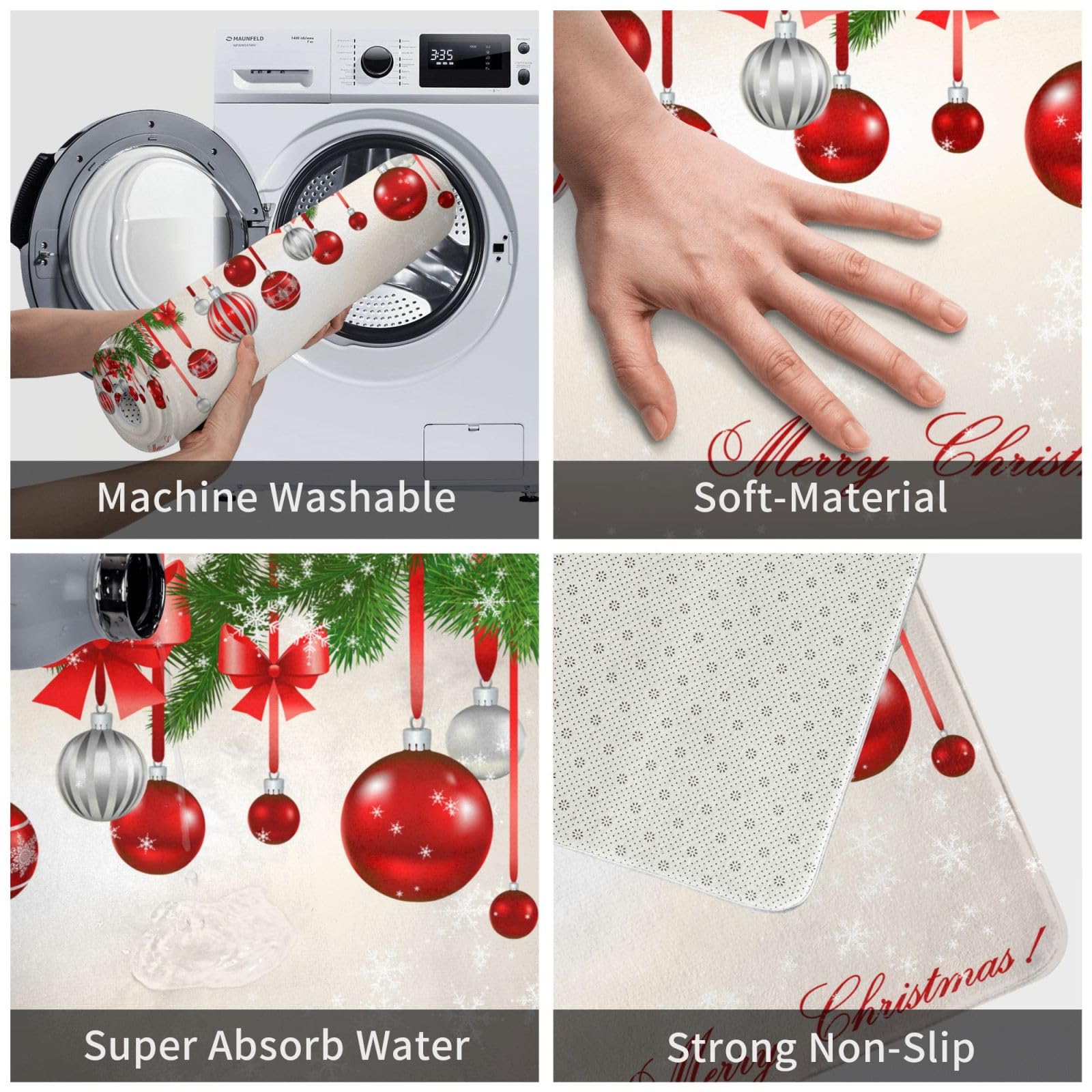 Bath Mat Fir Tree Red Ball Christmas Bathroom Rug Non Slip for Shower Soft Memory Foam 15.7 x 23.6 Inch Small Carpet Floor Runner Washable