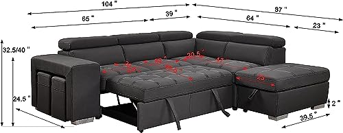 FULife 105" w L-Shaped Modular Reversible Sectional Corner Sofa with Pull Out Sleeper Bed,Adjustable Headrest,Storage Ottoman and 2 Stools,Multi-Functional Convertible Upholstered 5-Seat Sofá&Couch