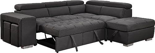 FULife 105" w L-Shaped Modular Reversible Sectional Corner Sofa with Pull Out Sleeper Bed,Adjustable Headrest,Storage Ottoman and 2 Stools,Multi-Functional Convertible Upholstered 5-Seat Sofá&Couch