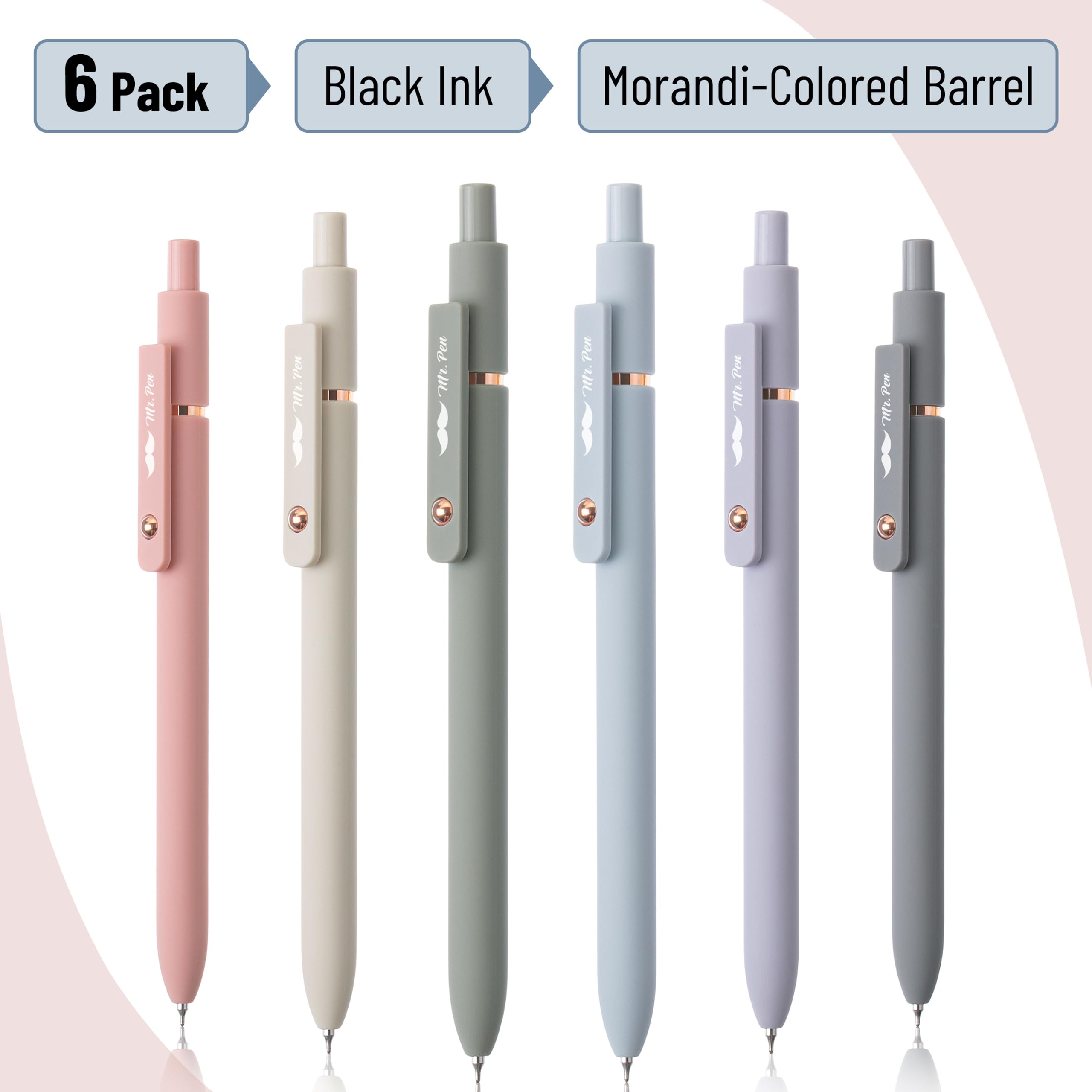 Mr. Pen- Retractable Gel Pens with Rose Gold Ring and Ball, 6 Pack, Morandi Barrels, Japanese Black Gel Pens, Fast Dry, Gel Pens Fine Point 0.5mm, Smooth Writing Aesthetic Pens for Journaling